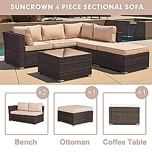SUNCROWN 4-Piece Patio Furniture Set 83" x 81" Outdoor Sectional Sofa, 5 Seats Rattan Wicker Conversation Sets with Ottoman, Glass Coffee Table and Washable Cushions - Beige