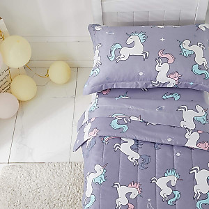 UOZZI BEDDING Unicorn 4 Piece Toddler Bedding Set with Rainbow Stars Blue-Gray - Includes Adorable Quilted Comforter, Fitted Sheet, Top Sheet, and Pillow Case for Girls Boys Bed