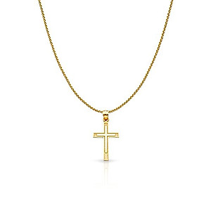 14K Yellow Gold Cross Charm Pendant with 0.9mm Wheat Chain Necklace - 24"
