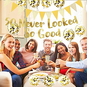 Funny Birthday Banner Glitter Happy 50th Birthday Party Decoration Supplies 50th Wedding Anniversary Decorations Hanging Garland Golden Triangle Flags Pennant Bunting