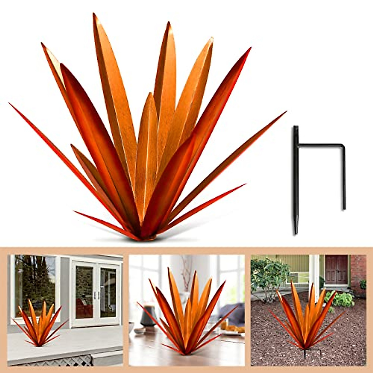 Homight Large Agave Sculpture Rustic Metal Agave Plant Outdoor Interior Decoration Outdoor Lawn Decoration Yard Wooden Posts Matching Garden Suitable for Patio… (Big, red)