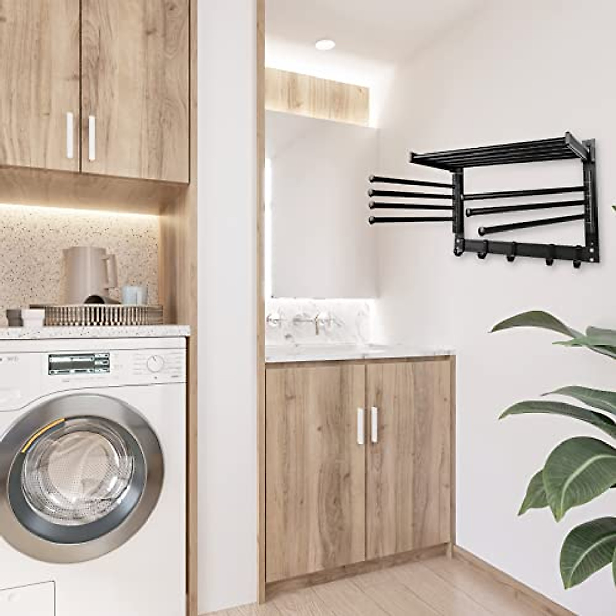 Laundry Clothes Drying Rack, Foldable Wall Mounted Drying Rack, Swivel Towel Rack with 5 Coat Hooks & 7 Swing Arms, Space Aluminum Drying Rack for Laundry Room Organization and Bathroom (Silver 7rods)