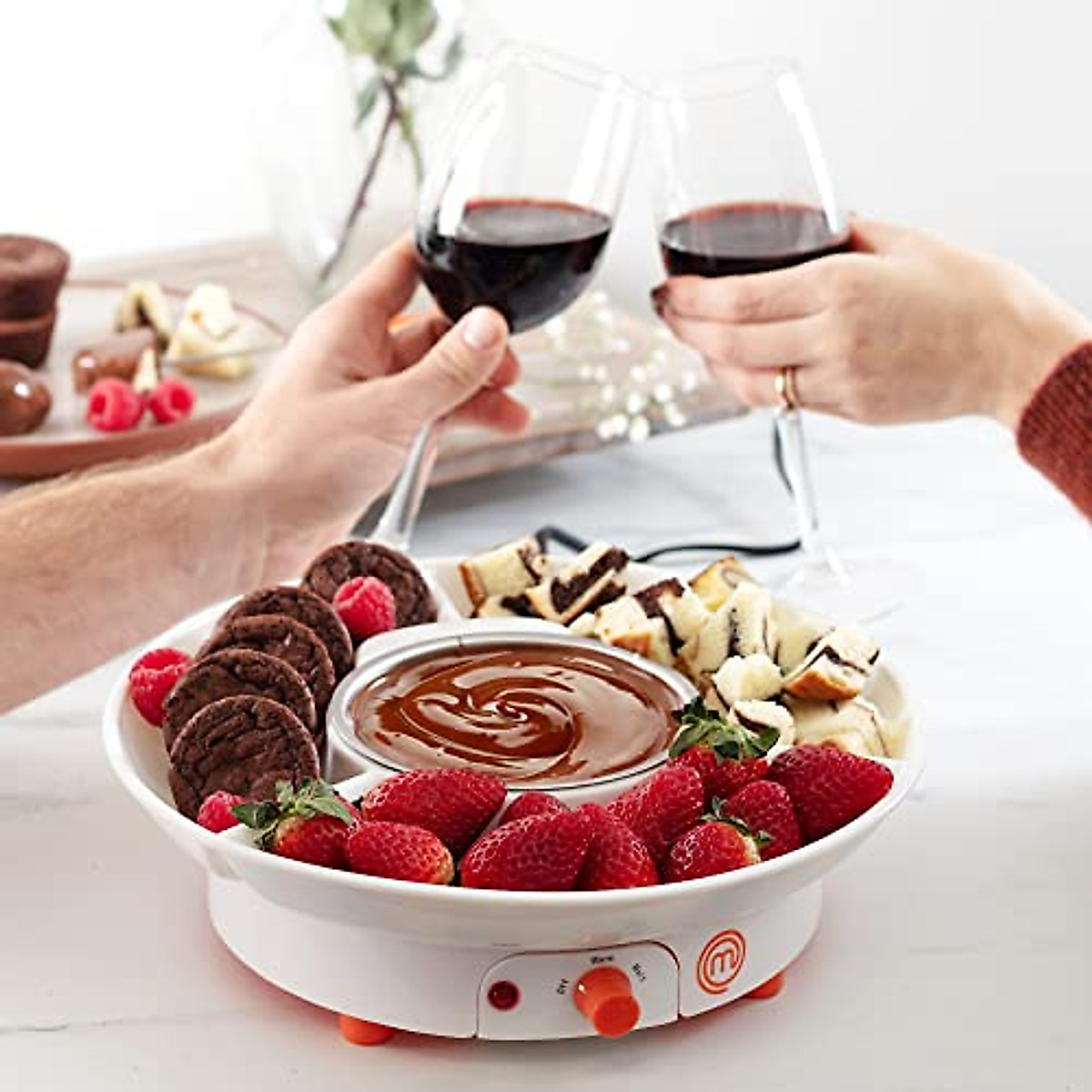 MasterChef Chocolate Fondue Maker- Deluxe Electric Dessert Fountain Fondue Pot Set w 4 Forks & Party Serving Tray -Melting, Warming Caramel, Cheese, Sauce, Fun Birthday Easter Day Gift