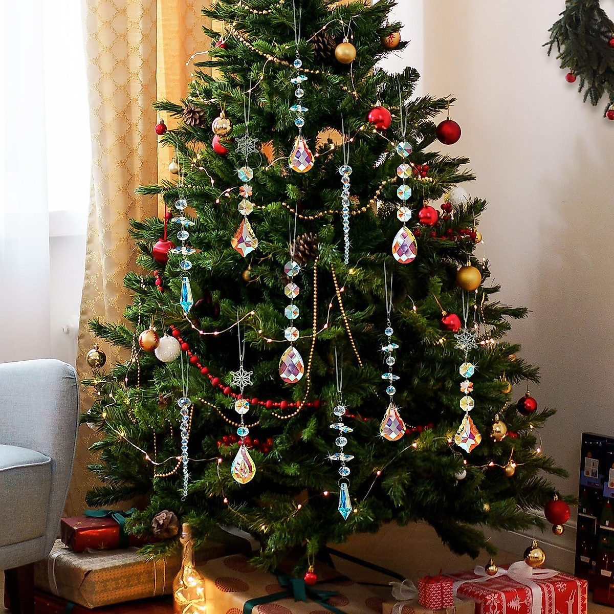 GuassLee Christmas Crystal Prism Ornaments for Christmas Tree - 6pcs Iridescent Teardrop Crystal Glass Sun Catcher for Christmas Decorations Indoor Tree Birthday Party Decor