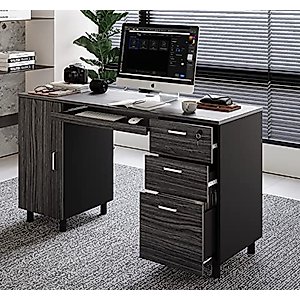 Modern Design By Crafts & comfort Venice Computer Desk - Office Desk with 3 Drawers & CPU Storage Cabinet - Laptop Workstation with Keyboard Tray & Cable Hole - Home & Office Supplies -Slate/Black