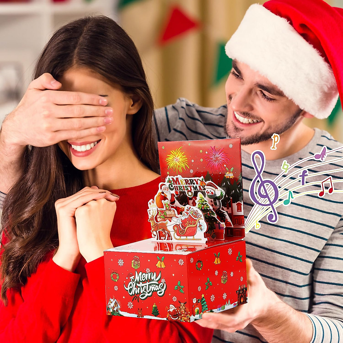 JOYJOM Christmas Money Box for Cash Gift with Pull Out, Surprise Merry Christmas Money Pull Box with Music and Lights, 3D Pop Up Christmas Cards with Money Envelopes Holder