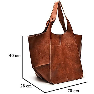 Women Oversize Weekender Handbags - PU Leather Tote Bag - Retro Style Tote Bag - One-Shoulder Handbag Shopping Bag - With Pocket (Yellow)