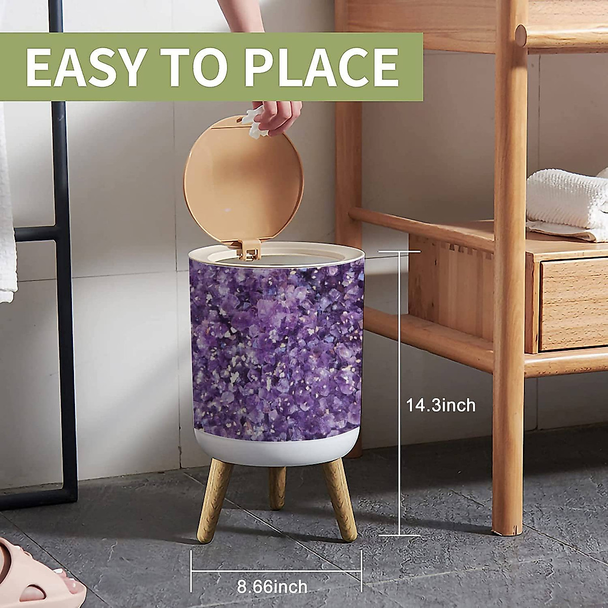 IBPNKFAZ89 Small Trash Can with Lid Violet Purple Amethyst Quartz Crystal Geode Garbage Bin Wood Waste Bin Press Cover Round Wastebasket for Bathroom Bedroom Office Kitchen, 8.66x14.3inch