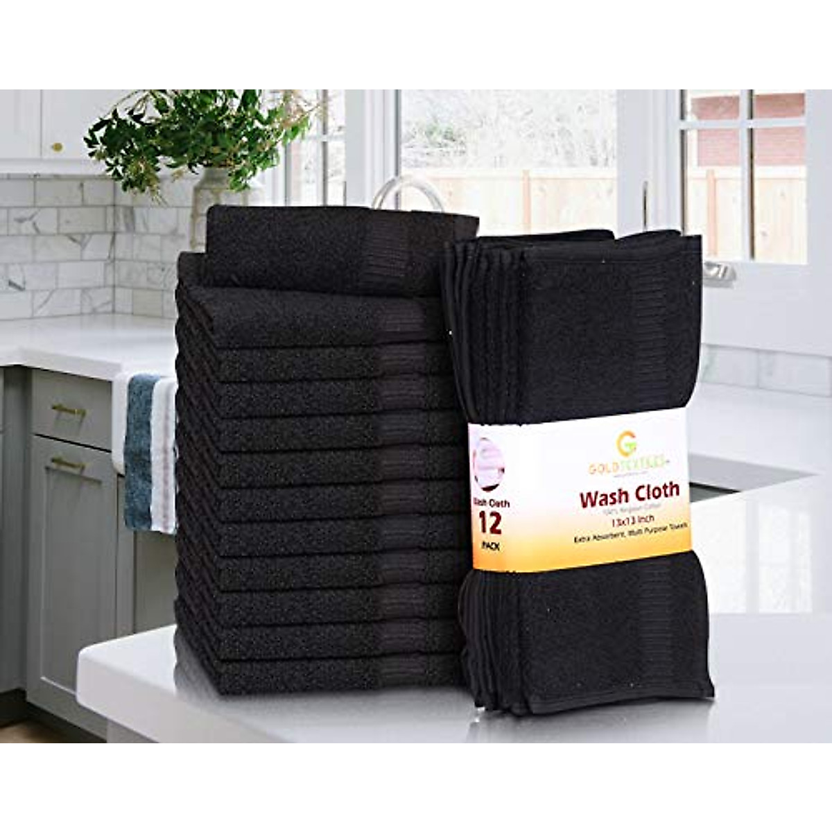 GOLD TEXTILES 100% Cotton Washcloth - 12 Pack | 13x13 inches | Black - Ultra Soft, Highly Absorbent, Long Lasting and Quick Drying - Hotel & Spa Collection Cool Feel Fingertip Towels