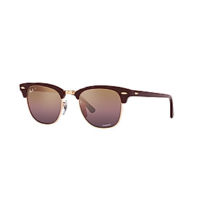 Ray-Ban RB3016F Clubmaster Low Bridge Fit Square Sunglasses, Bordeaux on Rose Gold/Polarized Red, 55 mm