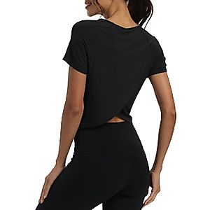 Mippo Short Sleeve Workout Tops Athletic Shirts Gym Clothes Exercise Tees Sports Running Active Wear Cute Work Out Crop Top TShirts for Women Loose Fit Black L