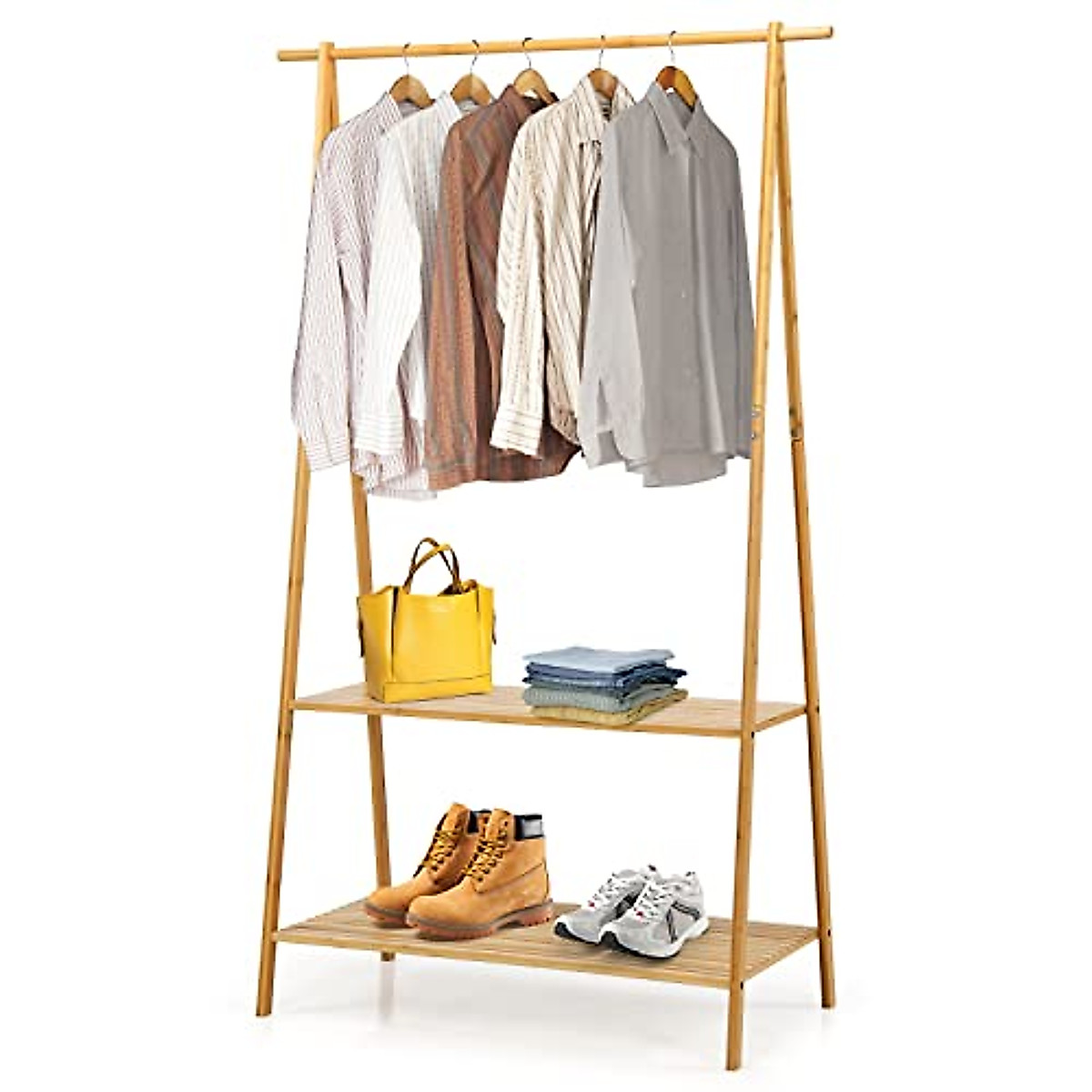 Giantex 2-Tier Bamboo Clothing Rack, 5.3Ft Freestanding Clothes Organizer Rack with Anti-tipping Devices, Cloth Hanger Standing Rack with Bottom Storage Shelves, Garment Racks for Hanging Clothes