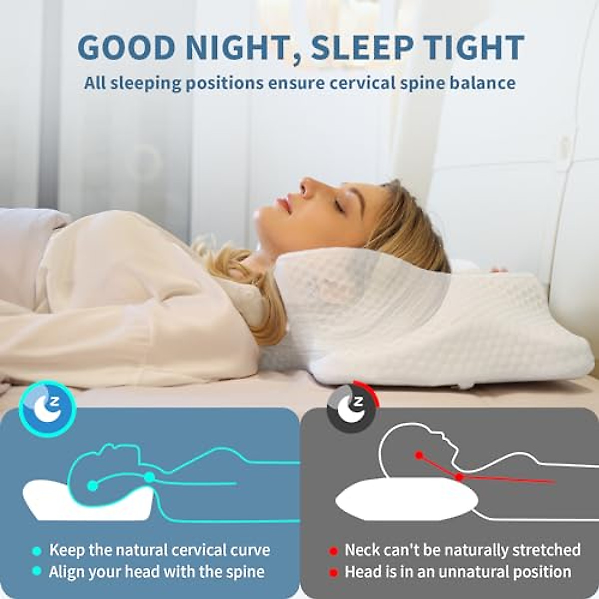 Cervical Pillow for Neck Pain Relief, 2-Way Adjustable Orthopedic Pillow with Cooling Case, Hollow Design Contour Memory Foam Neck Support Pillow for Side, Back and Stomach Sleepers - White