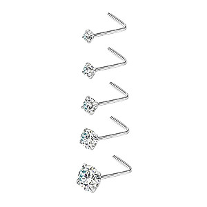 FANSING 5pcs 22g Surgical Steel Nose Rings Studs 1.5mm 2mm 2.5mm 3mm 4mm CZ Diamond Nose Studs Cubic Zirconia Nose Stud Silver L Shaped Nose Studs for Women Nostril Piercing Jewelry 22 Gauge