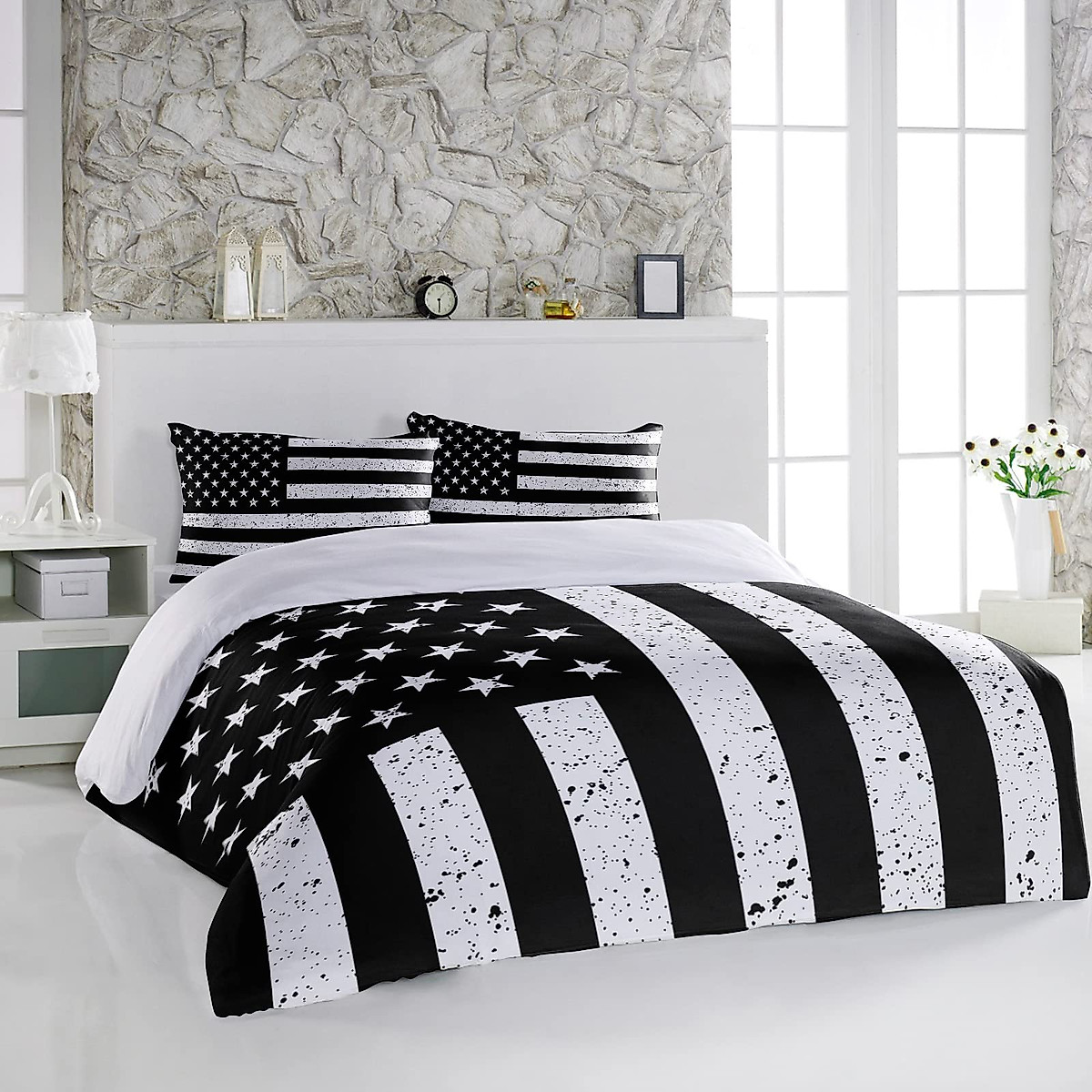 Duvet Cover Sets Black White USA Flag Star and Stripe,3 Pieces Bedding Set Ultra Soft Microfiber Quilt Covers and Pillowcase for Bedroom,Independence Day 4th of July Bed Set All Seasons Use