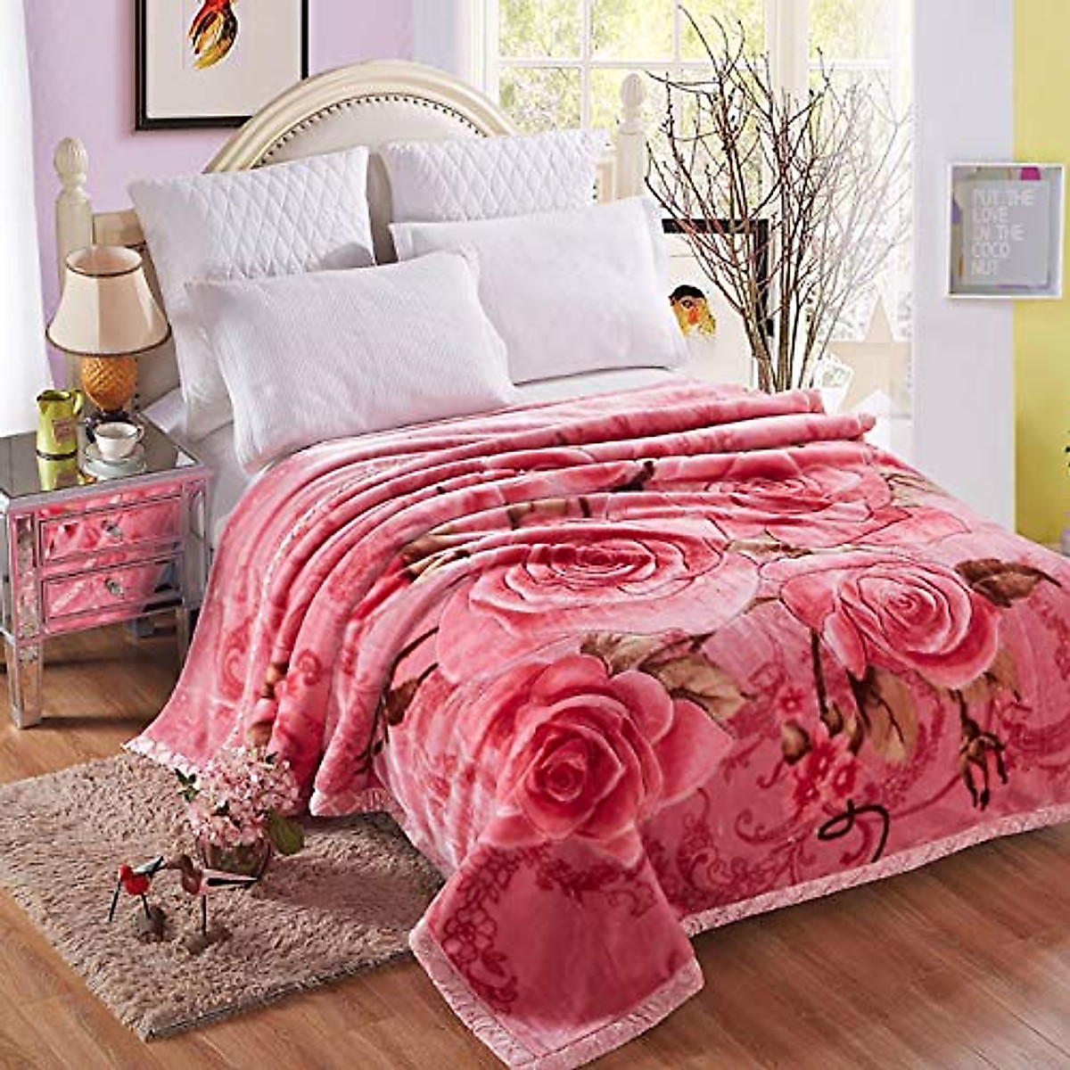 LGYKUMEG Warm Winter Fleece Plush Throw Blanket 59 × 79 inches, Silky Soft and Warm, 2 Ply Reversible Raschel Pink Rose Throw,150×200cm2kg.