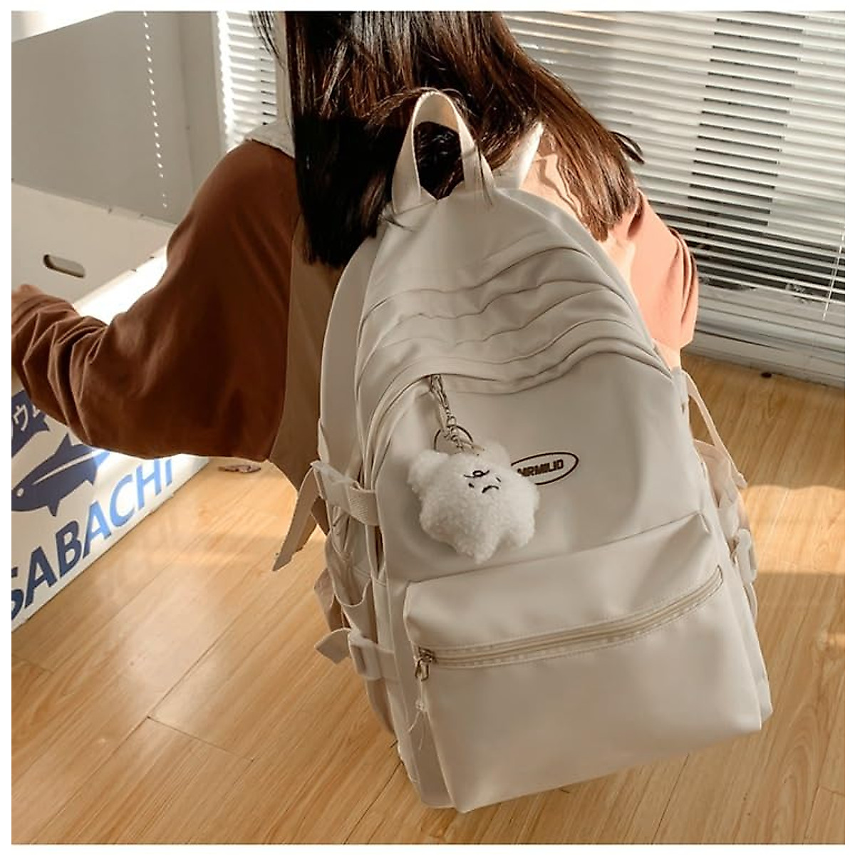 IECSHDU Kawaii Aesthetic Laptop Backpack Large Capacity Casual Daypack Cute Plush Pendant Simple Design Laptop Bag Supplies (Beige/White)