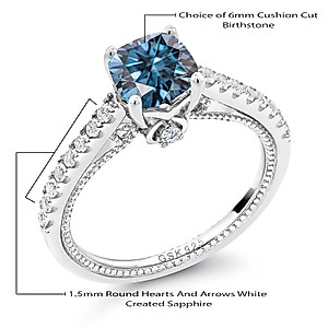 Gem Stone King 925 Sterling Silver Customized and Personalized 6MM Cushion Cut Gemstone Birthstone and White Created Sapphire Engagement Ring For Women Available In Size 5, 6, 7, 8, 9