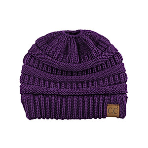 C.C BeanieTail Soft Stretch Cable Knit Messy High Bun Ponytail Beanie Hat, Purple
