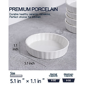 Taeochiy 8 Oz Creme Brulee Ramekins, Porcelain Ramekins Oven Safe, Round Tart Pan Mini Fluted Quiche Dishes, Set of 6, White