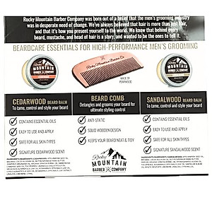Rocky Mountain Barber Company All-In-One Beard Care Kit - Wooden Beard/Hair Comb, Cedarwood and Sandalwood Balms (1oz) in Gift Box