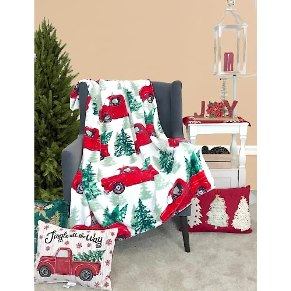 Serafina Home Christmas Holiday Throw Blanket: Country Rustic Red Truck with Tree Design, Picking Out The Tree