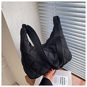 Retro Embroidered Plaid Nylon Shoulder Bag Tote Bag for Fall Winter, Aesthetic Harajuku Handbag Fluffy Y2k Messenger Bag (Black)