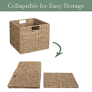 12x12x10in Seagrass Storage Baskets Set of 4, Large Wicker Storage Basket, Decorative Seagrass Shelf Basket, Pantry Baskets Organization,Folding Storage Cube Bins