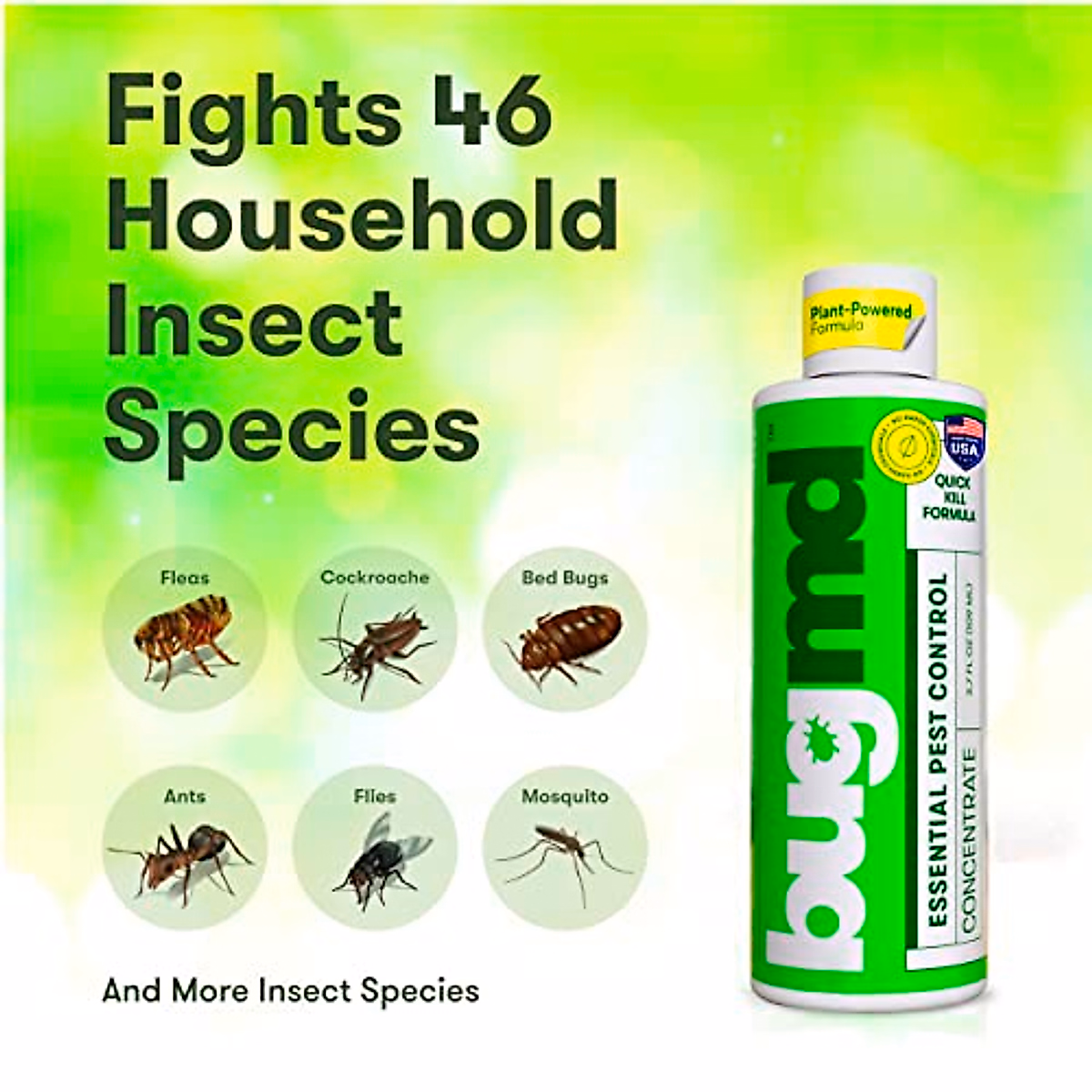 BugMD - Pest Control Essential Oil Concentrate 3.7 oz Plant Powered Bug Spray , Kills Bugs Spiders Fleas Ticks Roaches , Ant Spray Indoor for House, Bed