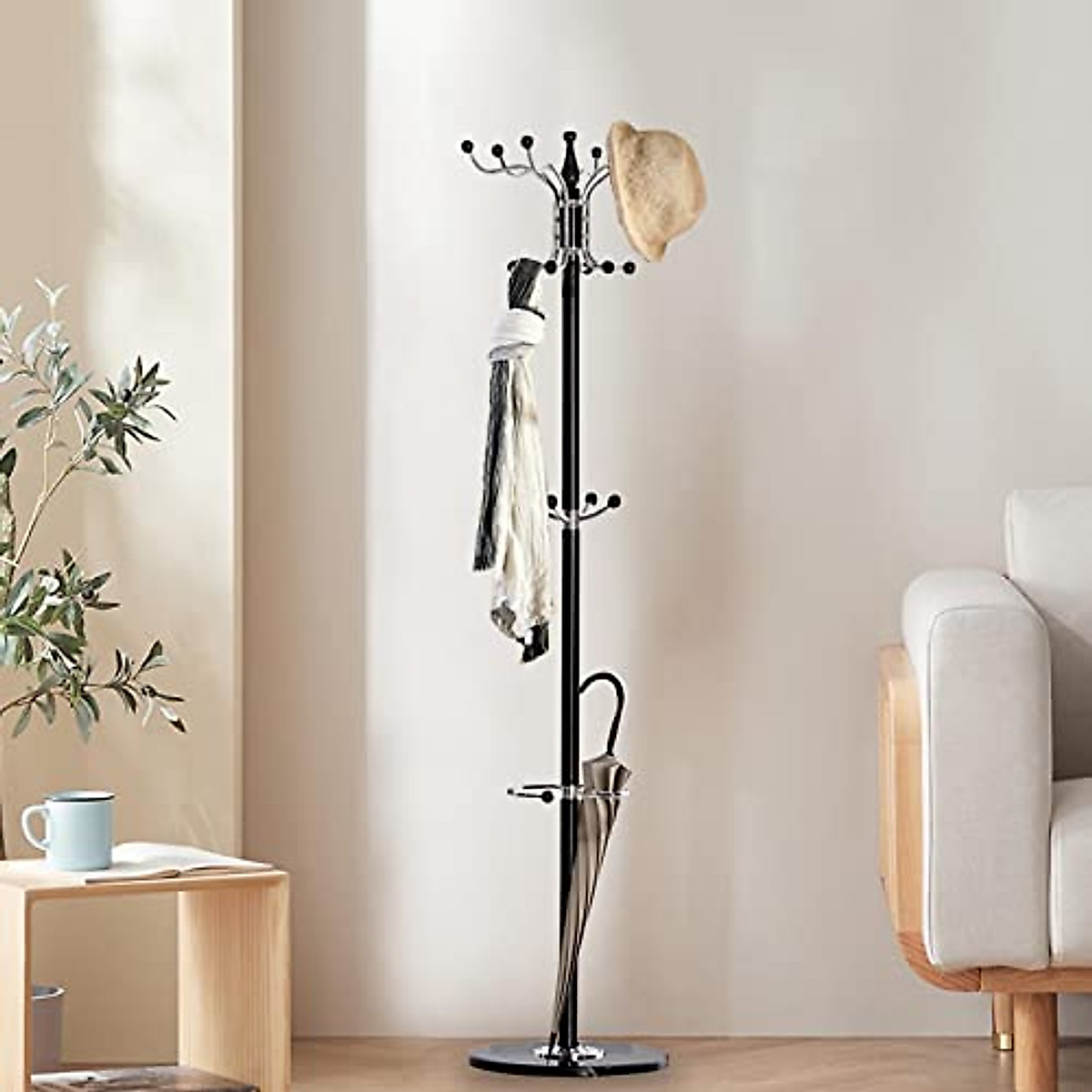TNUEEIO 67" Metal Coat Rack Stand,Freestanding Swivel Coat Hanger Stand with Heavy Duty Marble Base and 16 Hooks，for Entryway, Home, Office, Coats, Jackets, Hat,Scarf (Black)