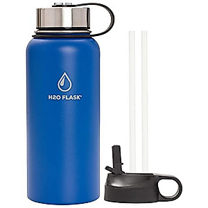 Insulated Water Bottle with Flip Top & Wide Mouth Lids, 2 BPA-Free Straws - 32-40oz, Stainless Steel, Double Wall, Vacuum Insulated for No Leaks - Keeps Liquid Hotter & Colder Longer - Blue 32oz
