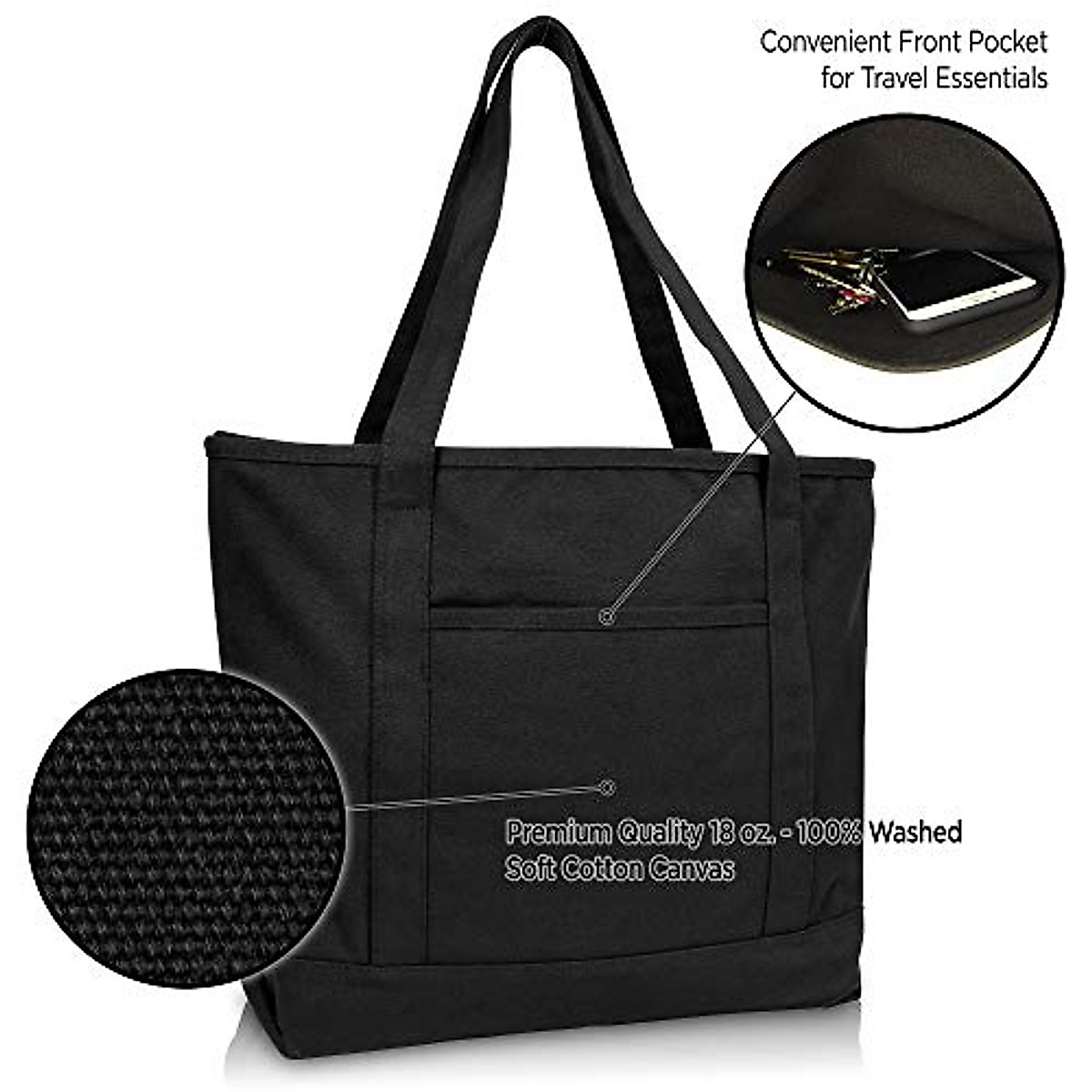 DALIX 20" Solid Color Cotton Canvas Shopping Tote Bag in Black