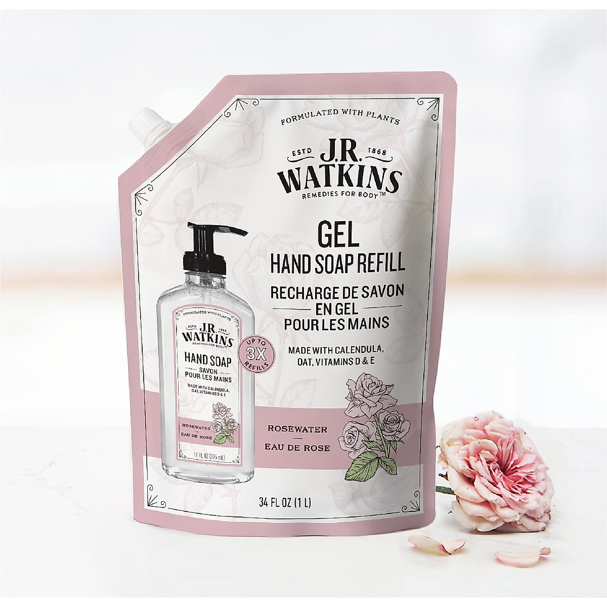 J.R. Watkins Gel Hand Soap Refill, Moisturizing Hand Wash, All Natural, Alcohol-Free, Cruelty-Free, USA Made, Rosewater, 34 Fl Oz, 3 Pack