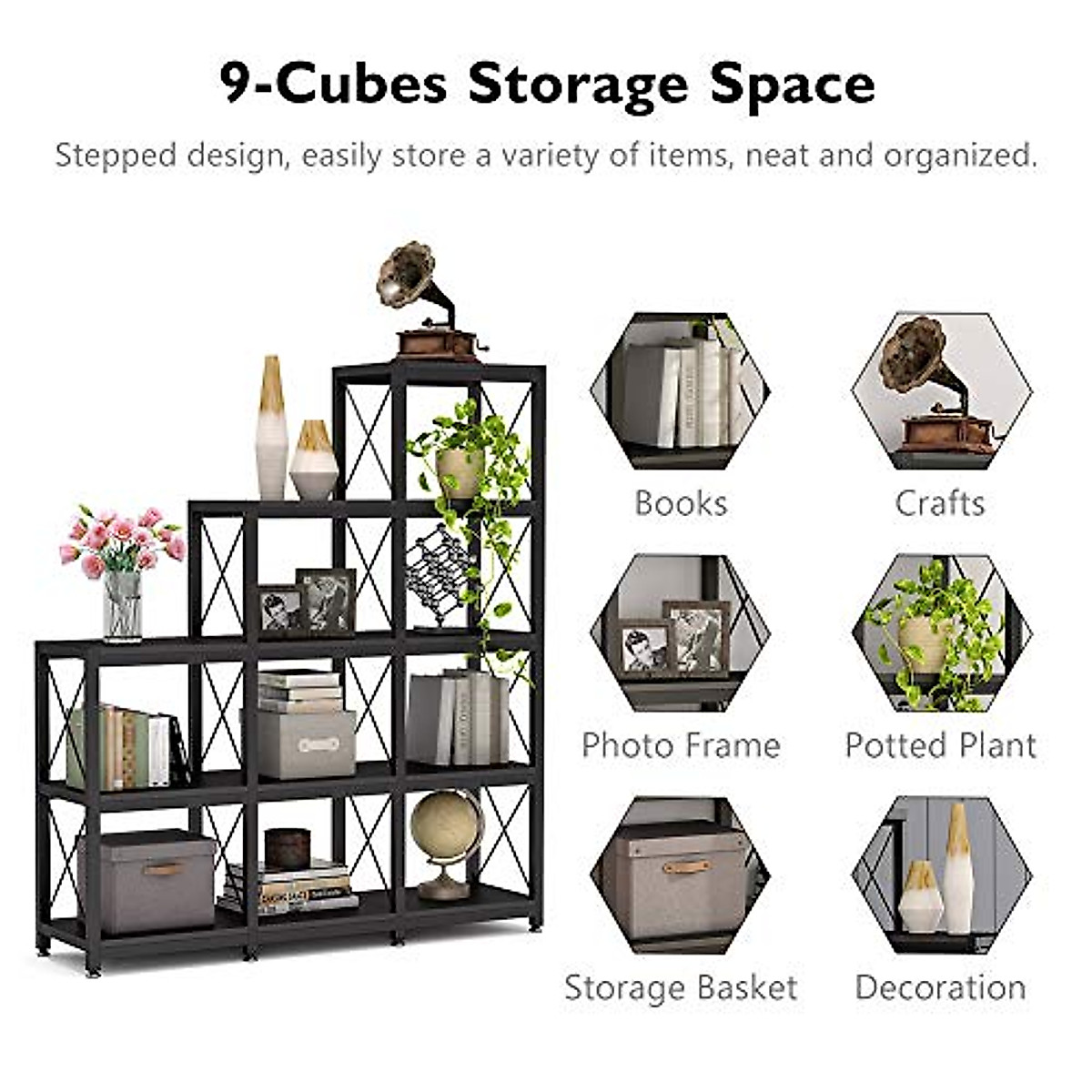 Tribesigns 12 Shelves Bookshelf, Industrial Ladder Corner Bookshelf 9 Cubes Stepped Etagere Bookcase, Rustic 5-Tier Display Shelf Storage Organizer for Home Office (Black)