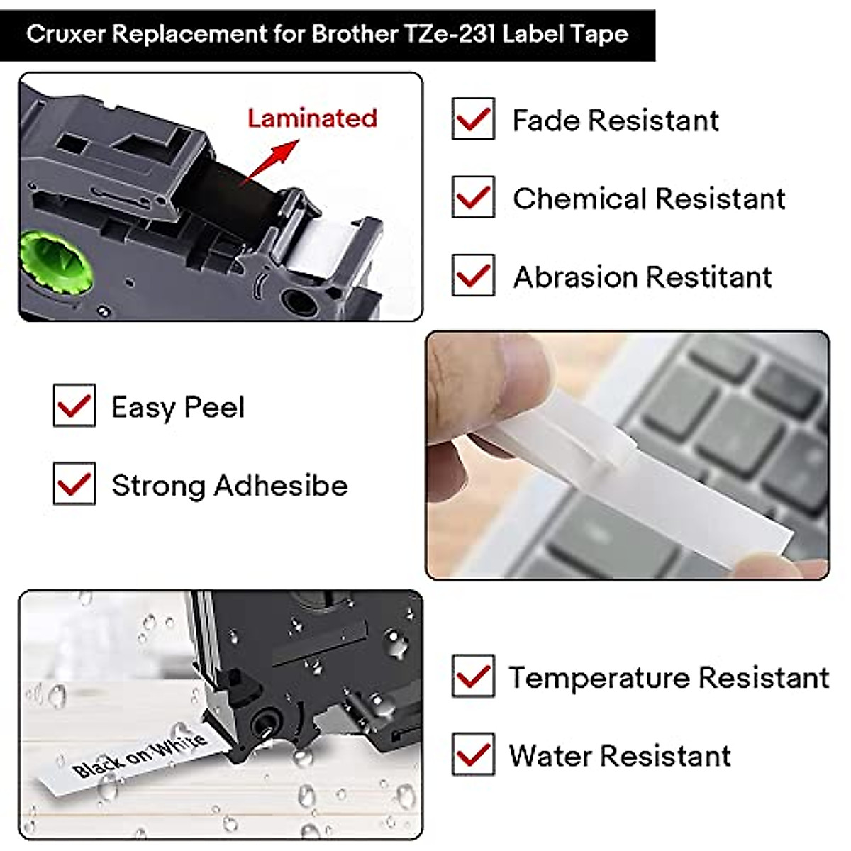 Label Tape Replacement for Brother - 2 Pack P Touch Label Tape Compatible with Brother TZe-231 TZ-231 Laminated, Black on White 12mm 0.47", for PT-D200 PT-D210 PT-D400 PT-H100 PT-1230PC Label Makers