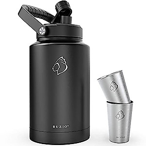 BUZIO Vacuum Insulated Stainless Steel Water Bottle 32oz Tumbler and 1 Stainless Steel Gallon Jug Set, Black BPA Free Double Wall Travel Mug/Flask for Outdoor Sports, Fit any Cupholder