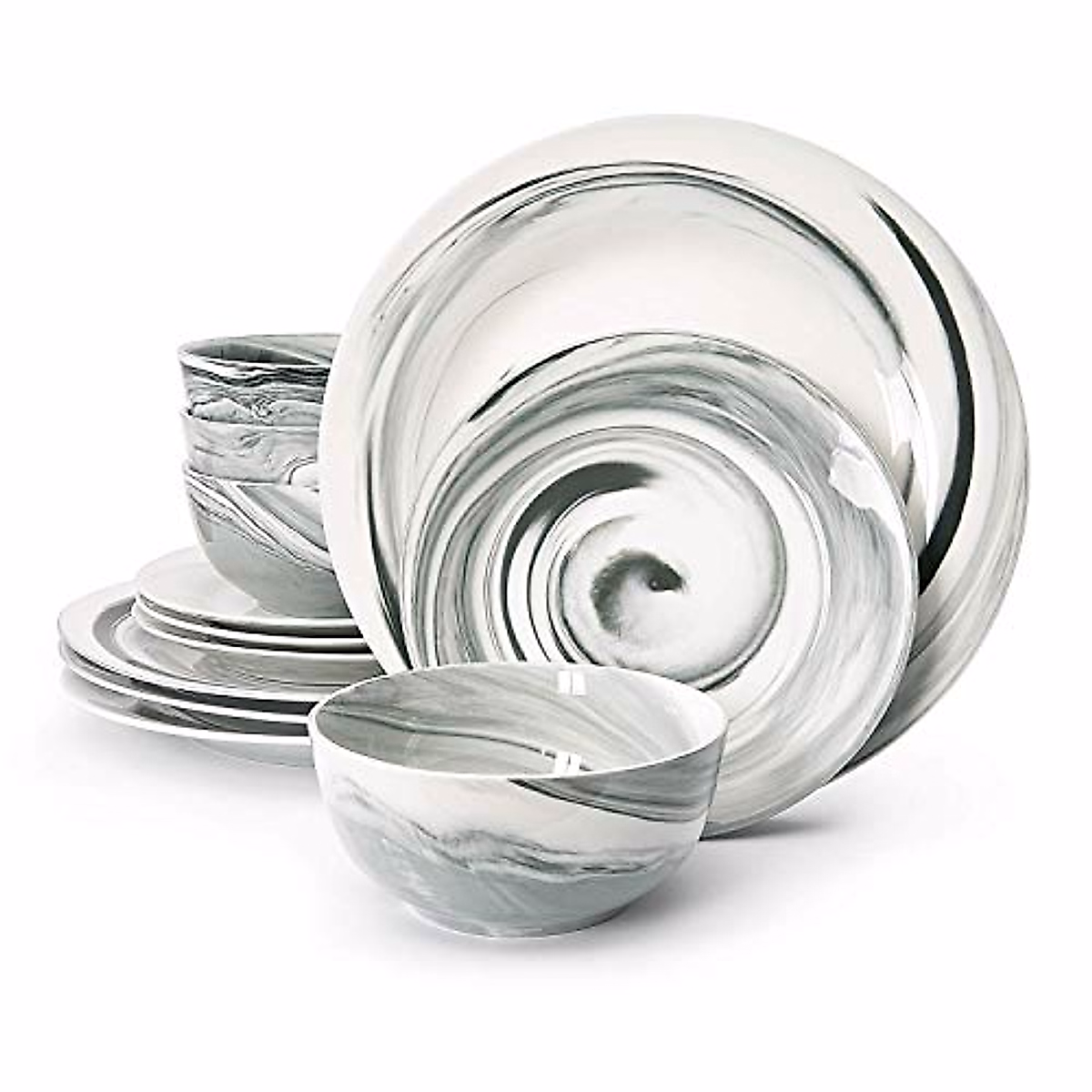 Divitis Home Fusion Porcelain Dinnerware Set 12 Piece, Black Round Plates (Soup Bowls, Dinner Plates, Salad Plates), Dish Set, Dinner Plates and Bowls Sets, Dishes