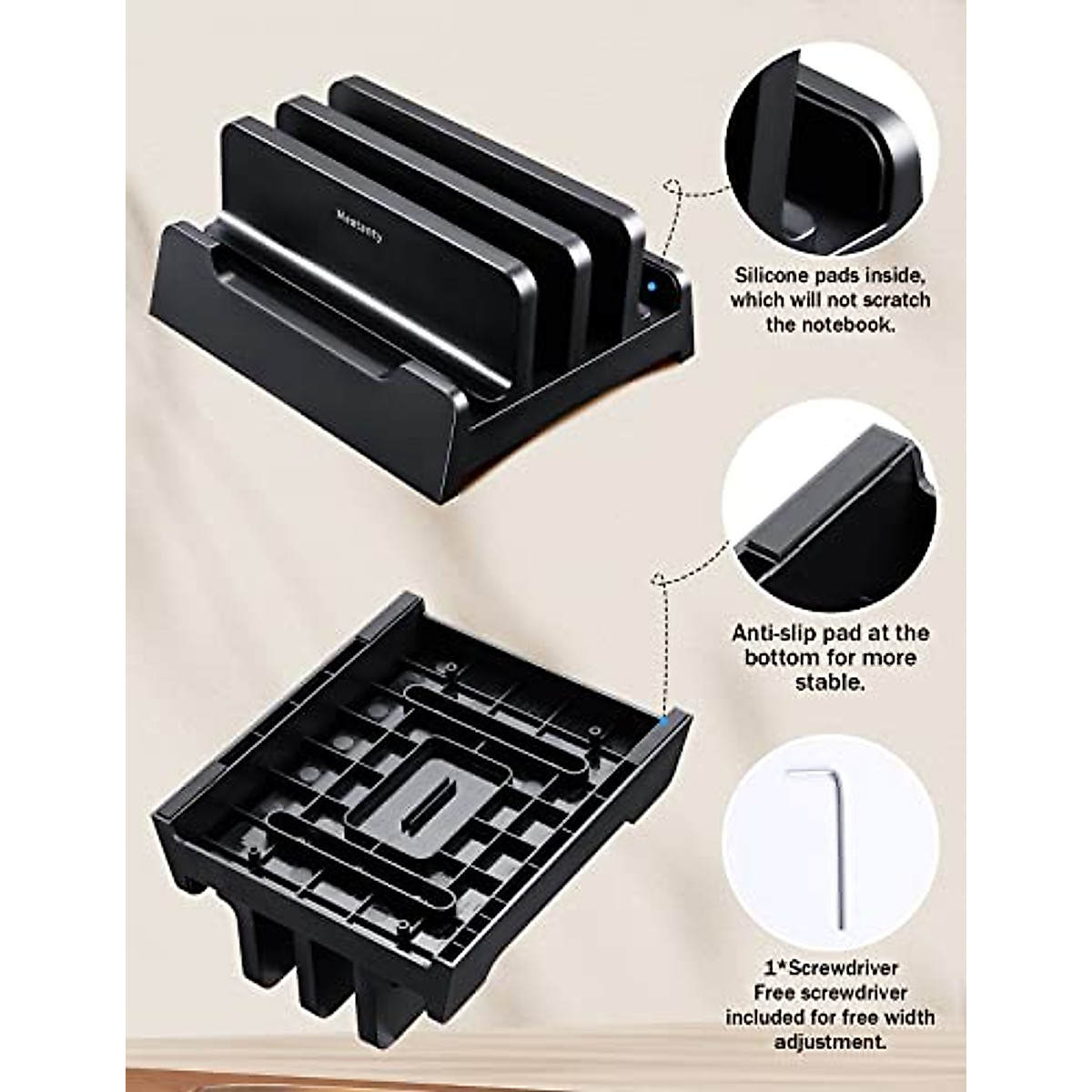 meatanty Dual Vertical Laptop Stand Holder 2 Slot MacBook Pro Vertical Stand Laptop Accessories, Desktop Storage for All MacBook/Surface/HP/Dell/Chrome Book Up to 17.3″ -Black