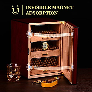 Marvero Handcrafted Cigar Humidors Box, Cedar Wood Cigar Humidor for 150 Cigars with Digital Hygrometer, 3 Large Drawers, 3 Humidifiers and 10 Cedar Wood Spills. Gift for Men and Aficionados