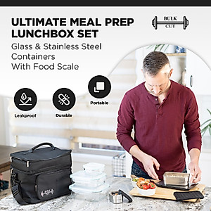 Bulk Cut Ultimate Meal Prep Containers Set, Reusable Lunch Boxes, Includes Glass and Stainless-Steel Lunch Storage Containers with Lids, Precision Food Scale and Lunch Bag, Modern Lunch Box Set