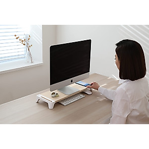 POUT E6 White Wood Desk Monitor Computer Stand Riser Shelf + Qi Fast Wireless Charging Charger Pad Mat for Laptop, Apple, iMac, PC, iPhone, Samsung Galaxy, Airpod 2, Buds