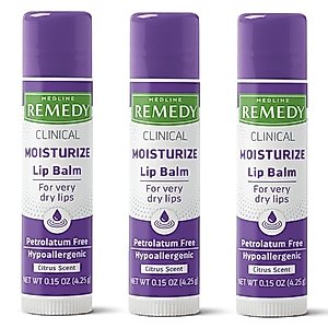 Medline Remedy Clinical Lip Balm, 3 Count, Citrus Scent, Moisturizing, Hydrating, Nourish, Nutrient Rich, Soothing Natural Oils, Revitalize, Comforting, Skin Conditioners, 0.15 oz Stick