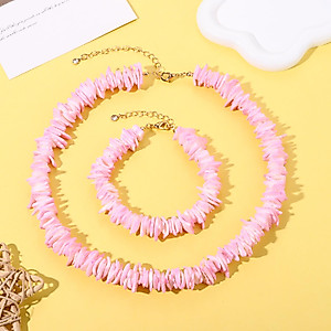 BSJELL Puka Shell Necklace Bracelet for Women Hawaiian Seashell Choker Necklace Surfer Beach Seashell Bracelet VCSO Summer Jewelry Set (Pink)