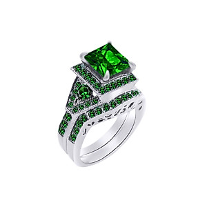 AFFY Princess & Round Simulated Emerald Solitaire Engagement Ring in 14k White Gold Over Sterling Silver Ring Size-12