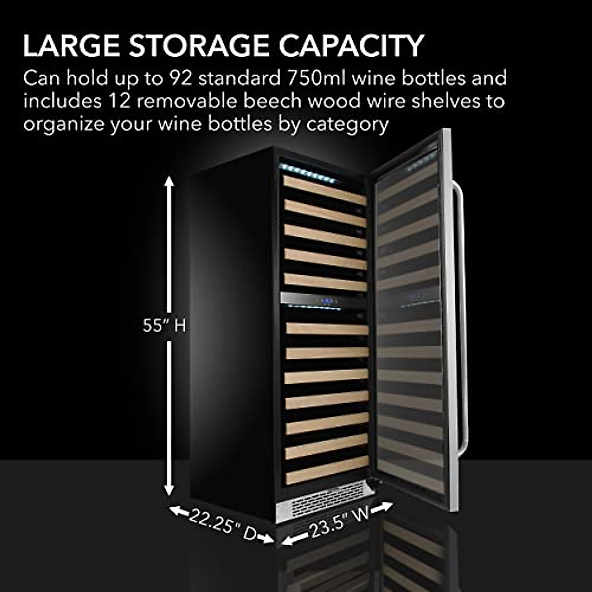 Whynter BWR-0922DZ 92 Built-in or Freestanding Stainless Steel Dual Zone Compressor Large Capacity Wine Refrigerator Rack for Open LED Display, Dark Grey-92 Bottle, Dark Grey