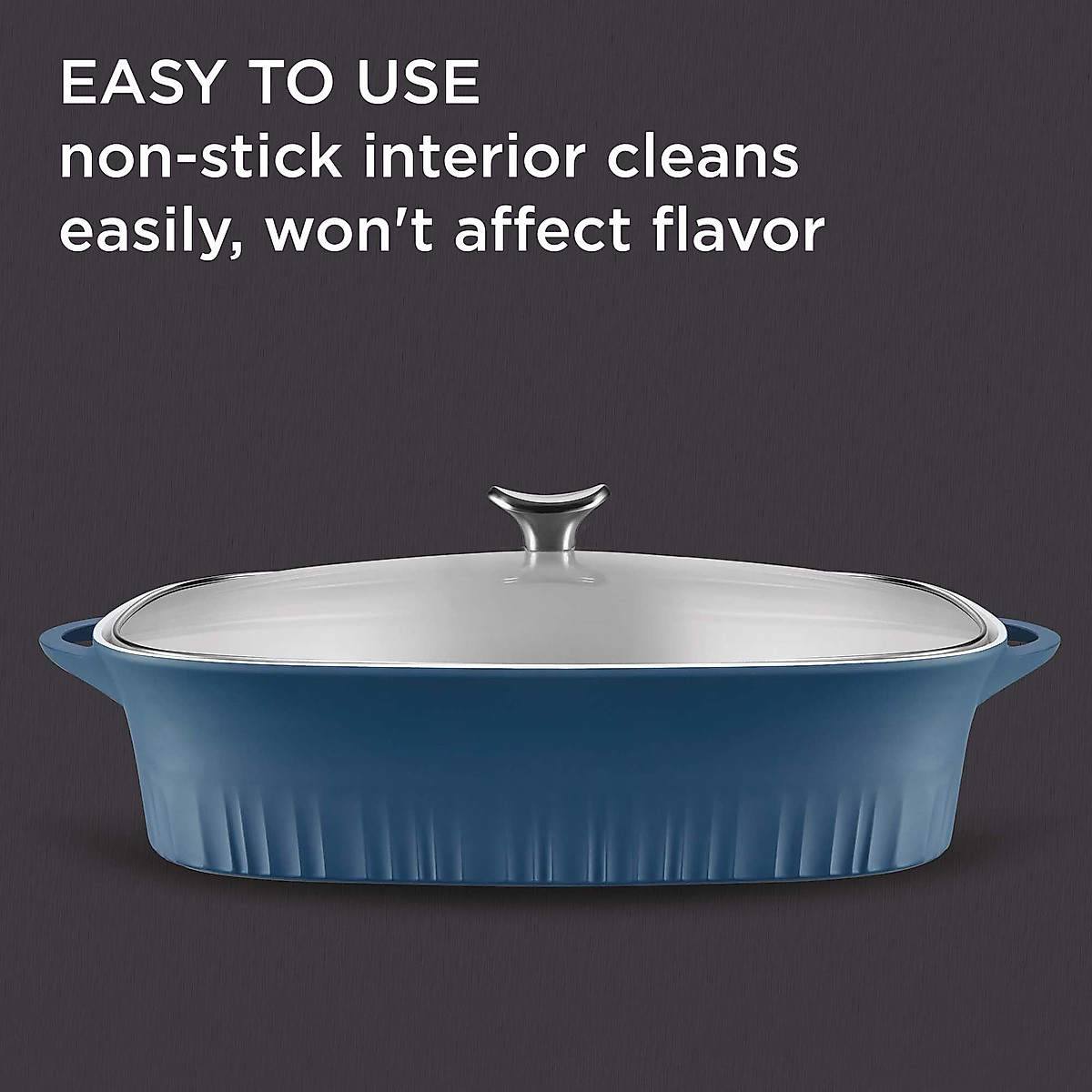 CorningWare, Non-Stick 5.7 Quart QuickHeat Roaster with Lid, Lightweight Roaster, Ceramic Non-Stick Interior Coating for Even Heat Cooking, French Navy