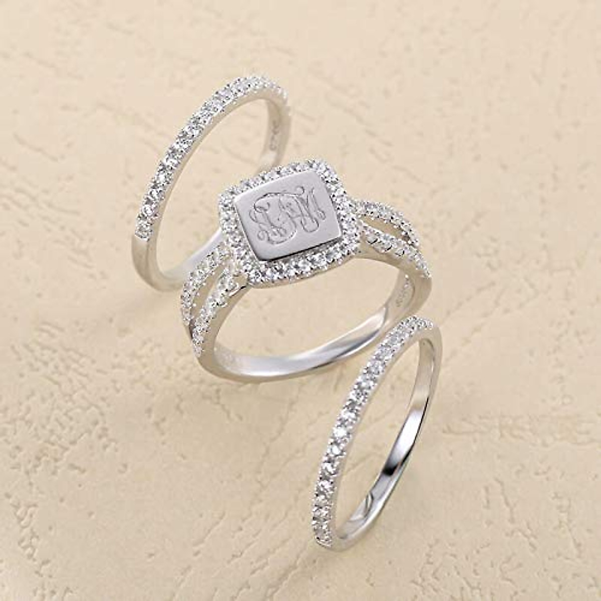 AILIN Custom Classic Square Monogram Ring 925 Sterling Silver CZ Personalized Engraving initials Rings Graduation Christmas Wedding Set Anniversary Mother’s Day Jewelry Gifts For Women Wife Daughter