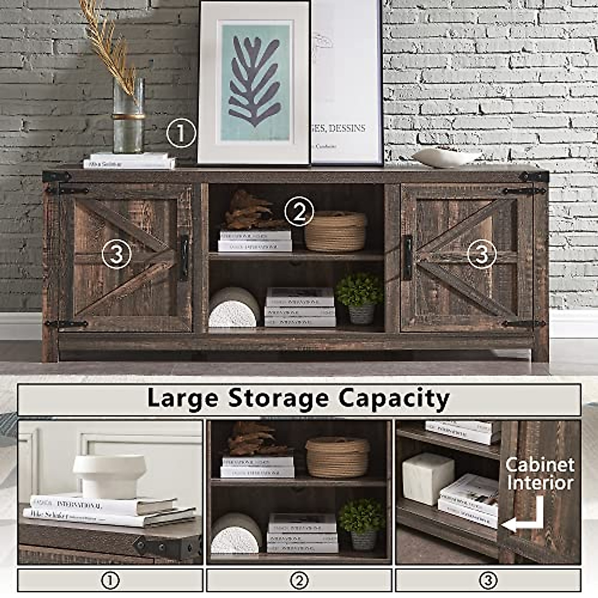 T4TREAM Farmhouse TV Stand for TVs Up to 75 inches, Wood Barn Door Media Television Console Table with Storage Cabinets, Easy Assembly Modern Entertainment Center for Living Room, Dark Rustic Oak