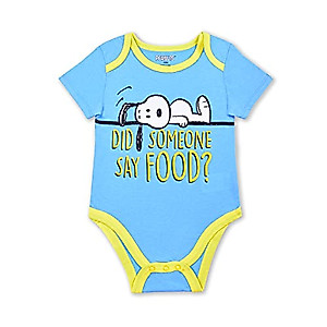 Peanuts Snoopy Boys’ 4 Pack Short Sleeve Bodysuit for Newborn and Infant – Red/White/Blue/Grey