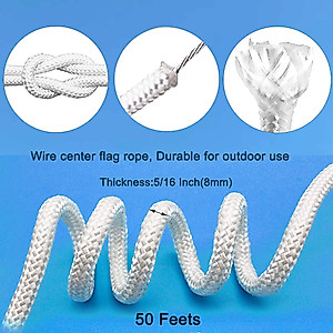 RUSON 50 Feet 5/16 Inch Wire Center Flag Pole Rope and Clips Kit, White Braided Polyester Halyard Steel Center Flag Rope with 2 Pcs 3.5" Flag Swivel Snap Hooks
